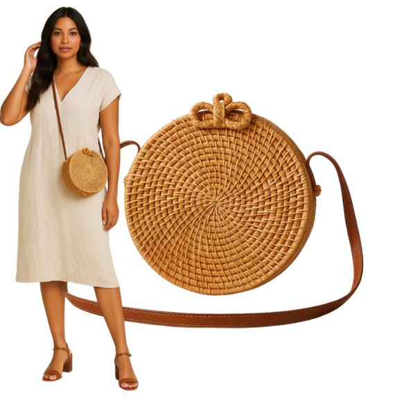Bags | Boho Round Rattan Woven Crossbody Bag Straw Festival Purse With ...